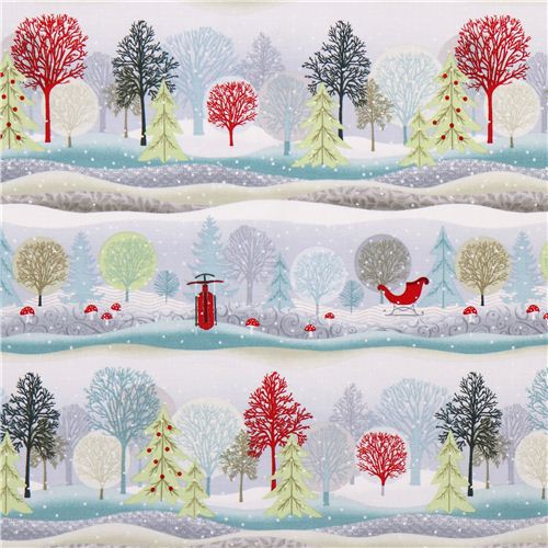 winter forest tree stripe fabric Holiday Cheer Fabric by Japanese Indie ...