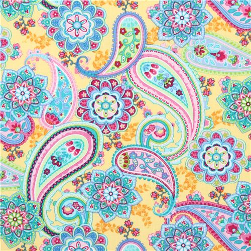yellow paisley blossom ornament fabric Timeless Treasures Fabric by ...
