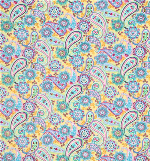 yellow paisley blossom ornament fabric Timeless Treasures Fabric by ...